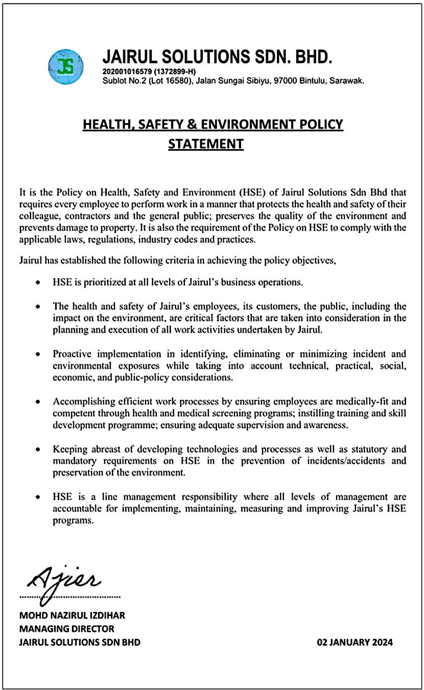 Jairul Solutions - Health, Safety and Environment Policy
